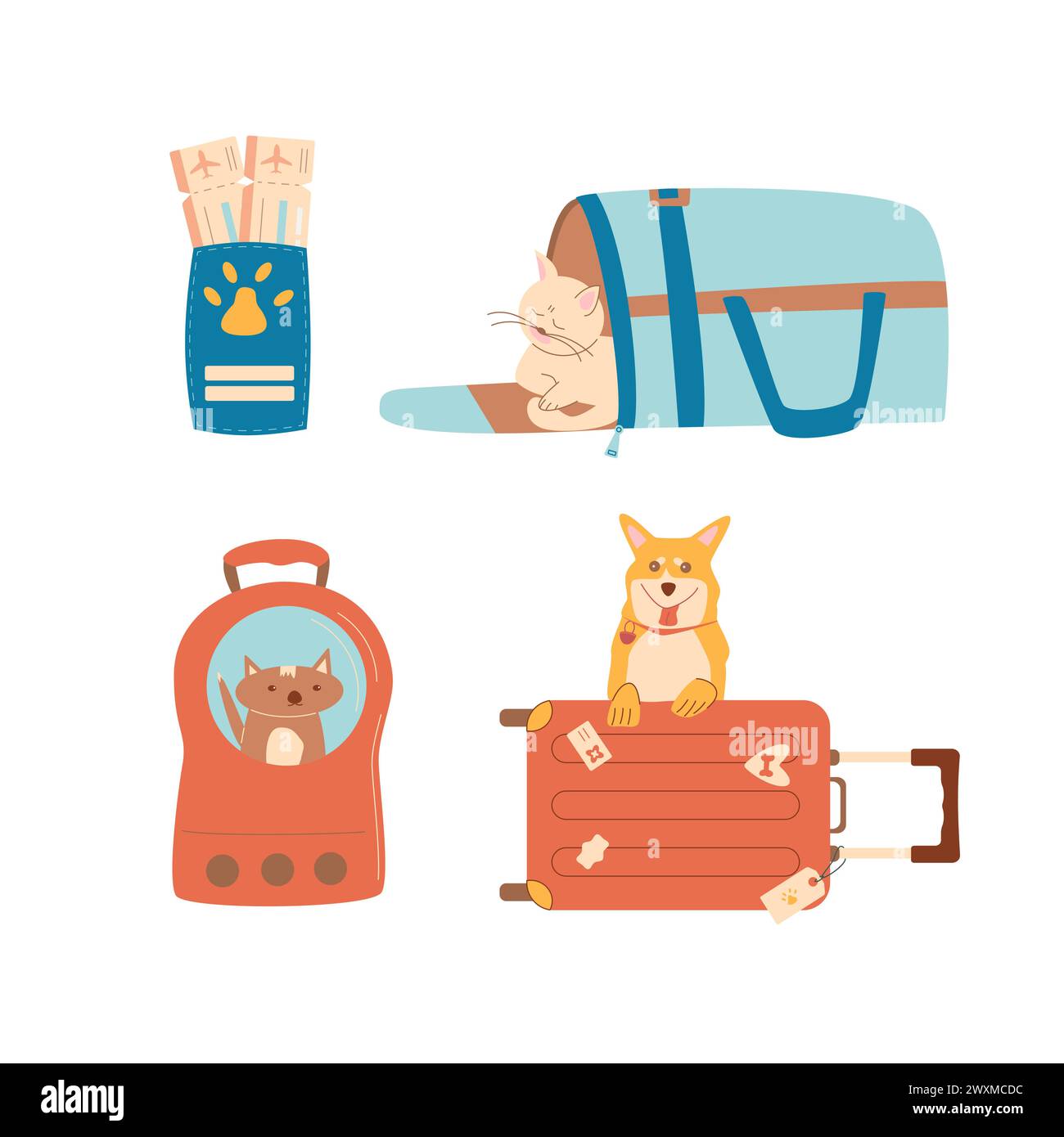 Travel with pets set. Trip with cats and dogs. Transportation box and ...