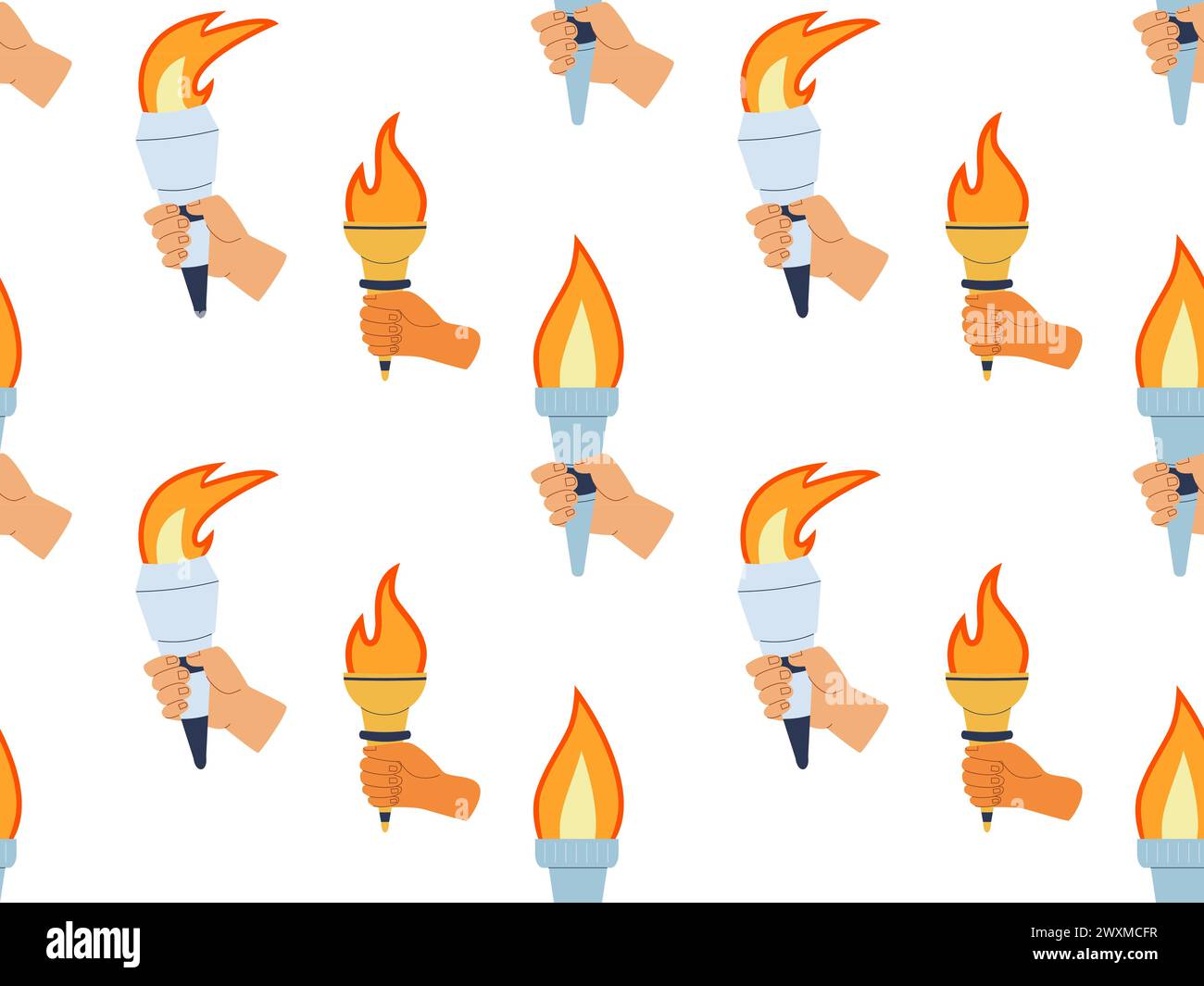 Torches with burning flame in hand seamless pattern. Symbol of sport ...
