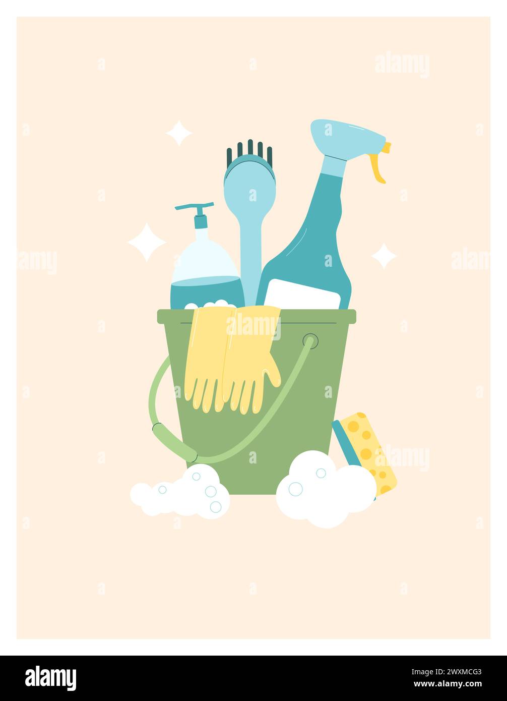 Bucket with brushes , gloves and bottles for cleanup mess. Cleaning ...