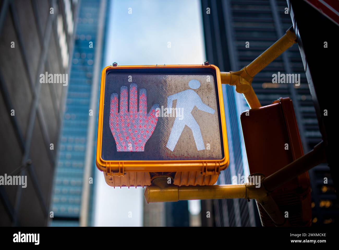 Yellow stoplight with handprinted pedestrian signs Stock Photo - Alamy