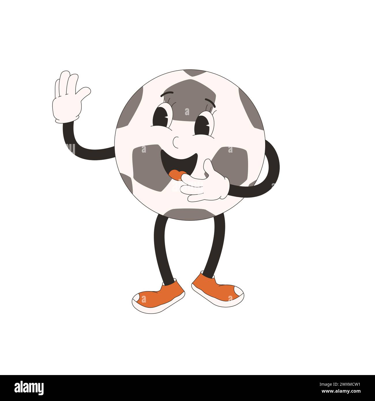 Football ball groovy character waving with hands. Soccer retro mascot ...