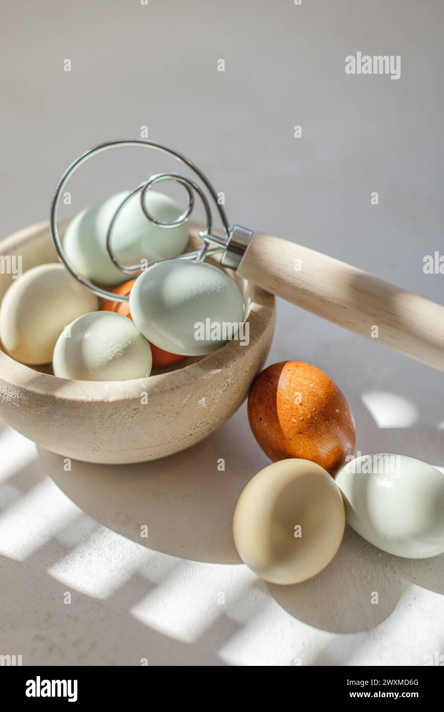 Farm fresh eggs sitting on white counter in bowl with sun shining Stock ...