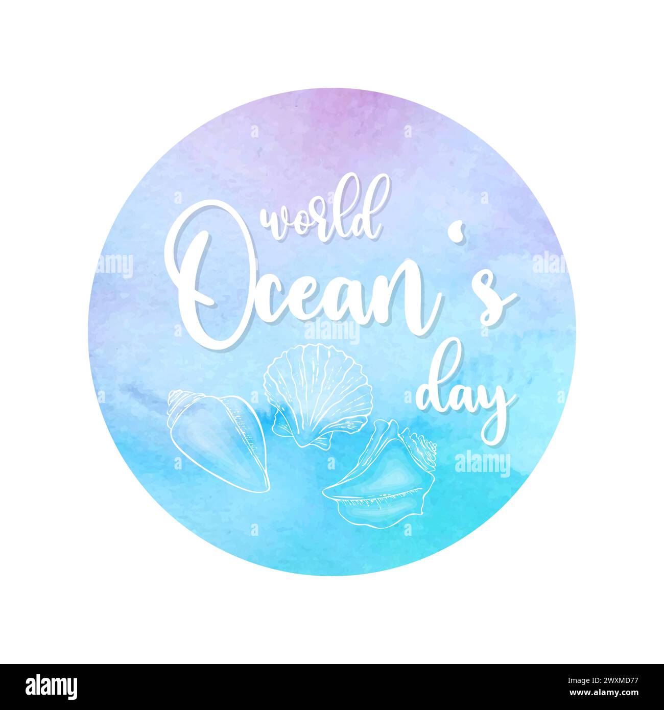 World oceans day emblem on watercolor circle background with seasheels ...