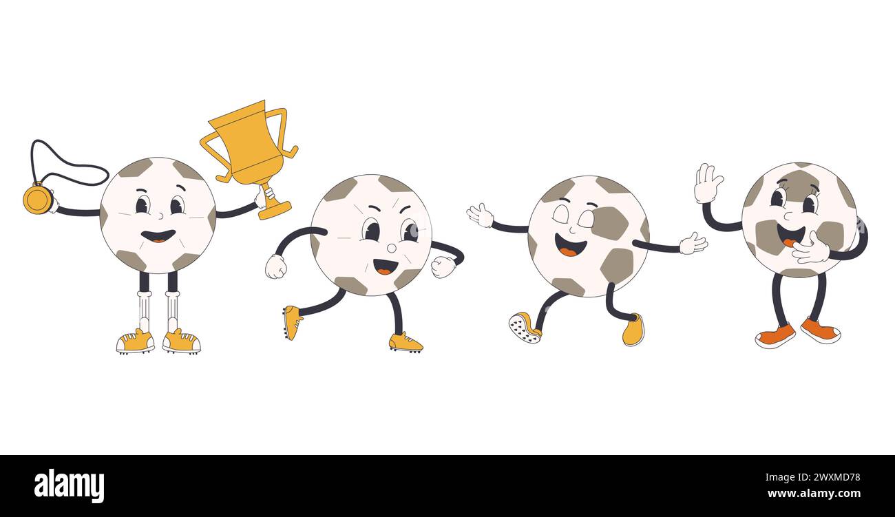 Cartoon characters football balls set. Soccer retro mascots. Rubber ...