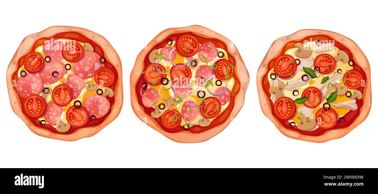 Pizza set top view with salami, olives, tomato and mushrooms isolated ...