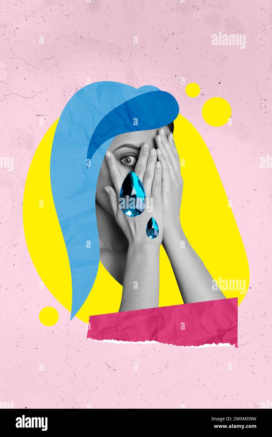 Vertical creative illustration composite photo collage of shy girl ...