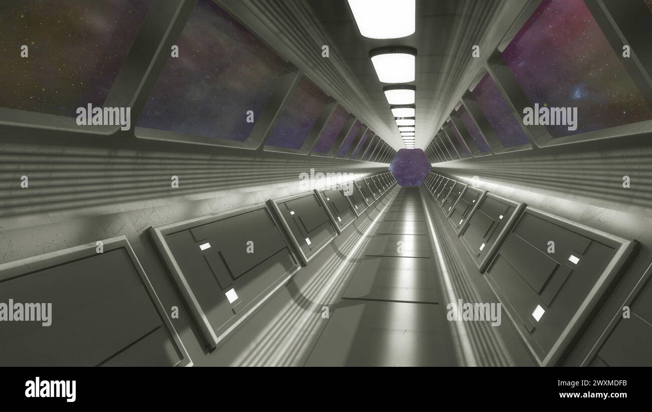 Infinite corridor inside a futuristic spaceship. 3D design Stock Photo ...