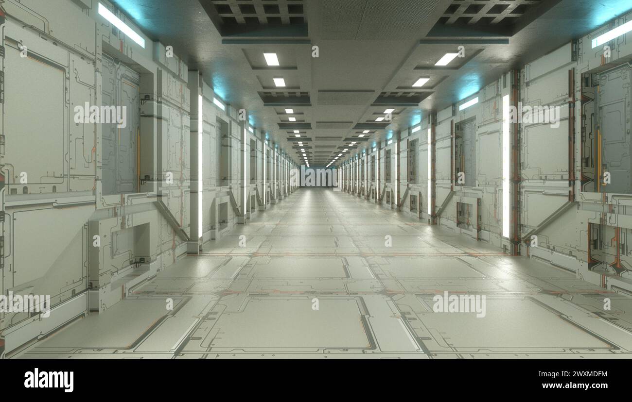 Infinite corridor inside a futuristic spaceship. 3D design Stock Photo ...