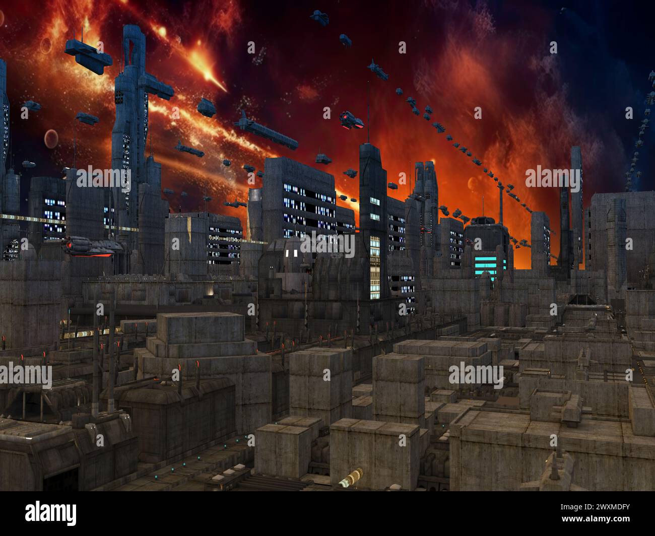 3d. Dystopian cityscape with flying spaceships Stock Photo - Alamy