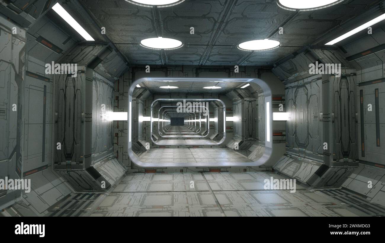 Infinite corridor inside a futuristic spaceship. 3D design Stock Photo ...
