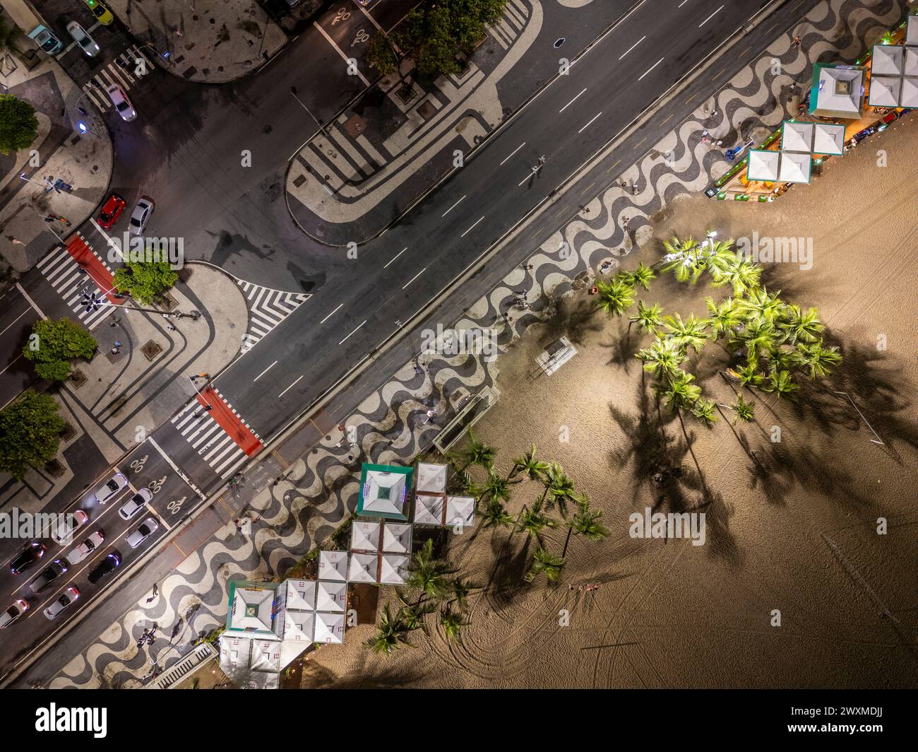 Beautiful top down aerial view to Copacabana Beach sidewalk and kiosks ...