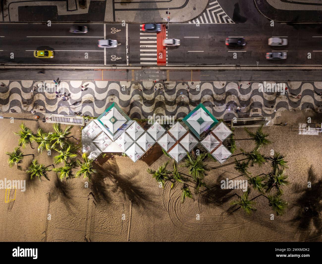 Beautiful top down aerial view to Copacabana Beach sidewalk and kiosks ...