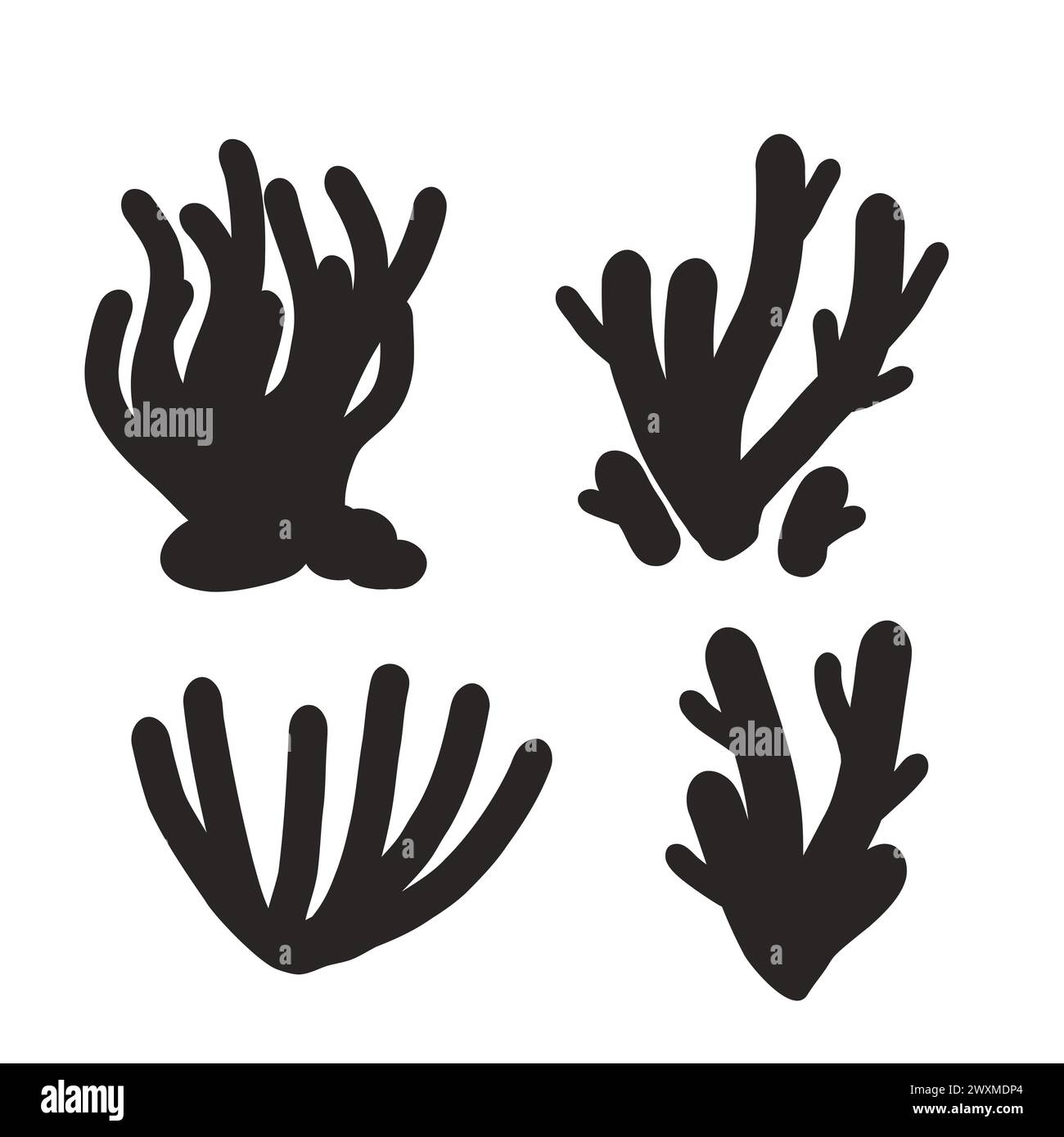 Coral reef black silhouette set isolated on white background. Sea ...