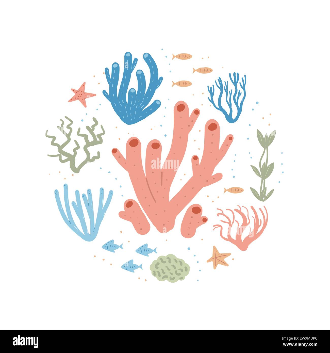 Coral reef round composition set isolated on white background. Sea ...