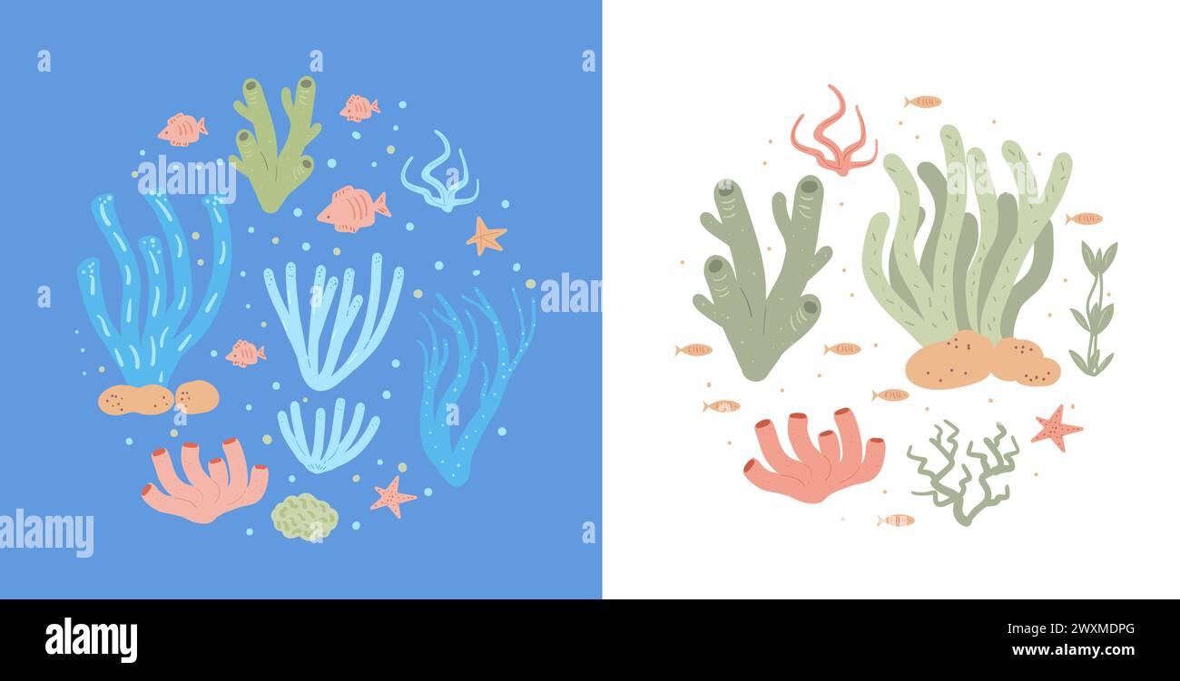 Coral reef round emblems set isolated on white background. Ocean ...