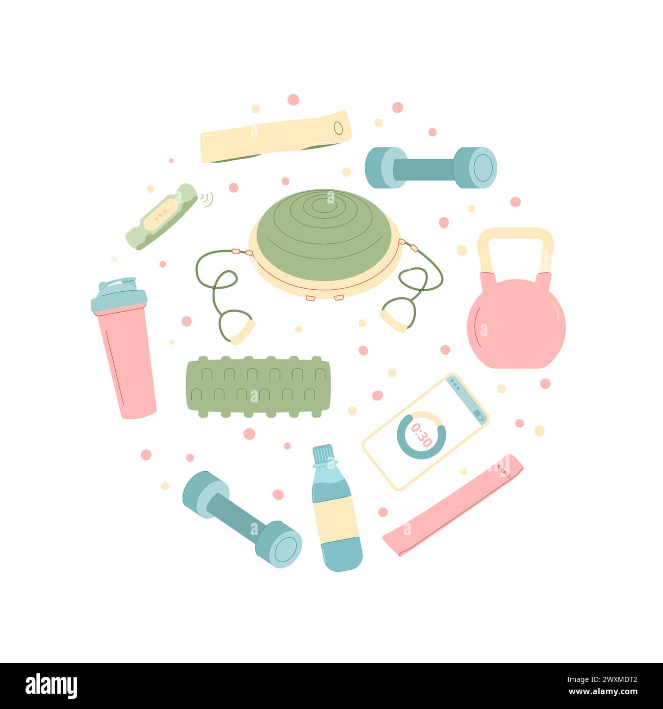 Fitness home workout equipment round composition isolated on white ...