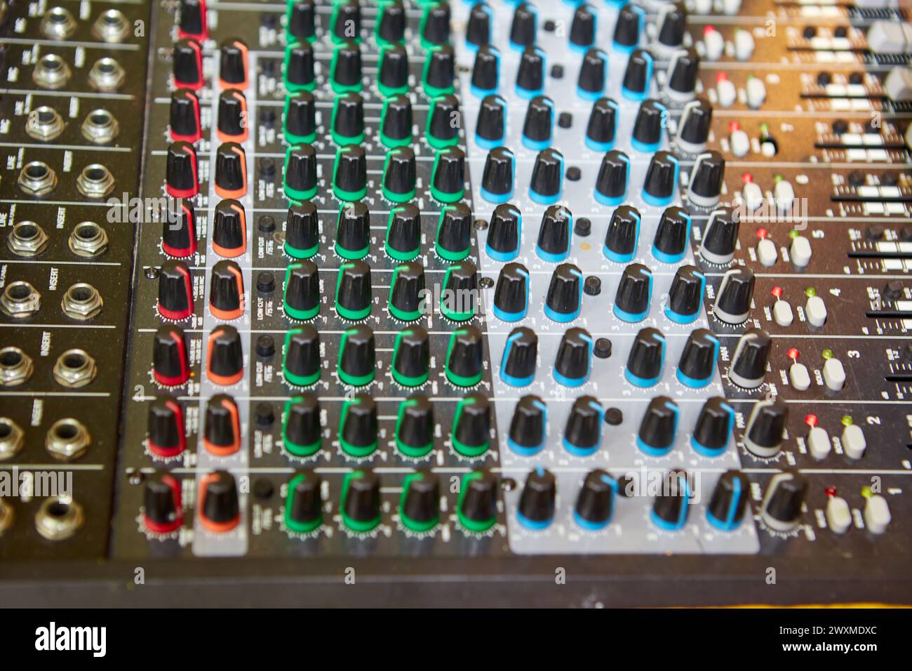 Volume and equalization controls on professional mixing console Stock ...