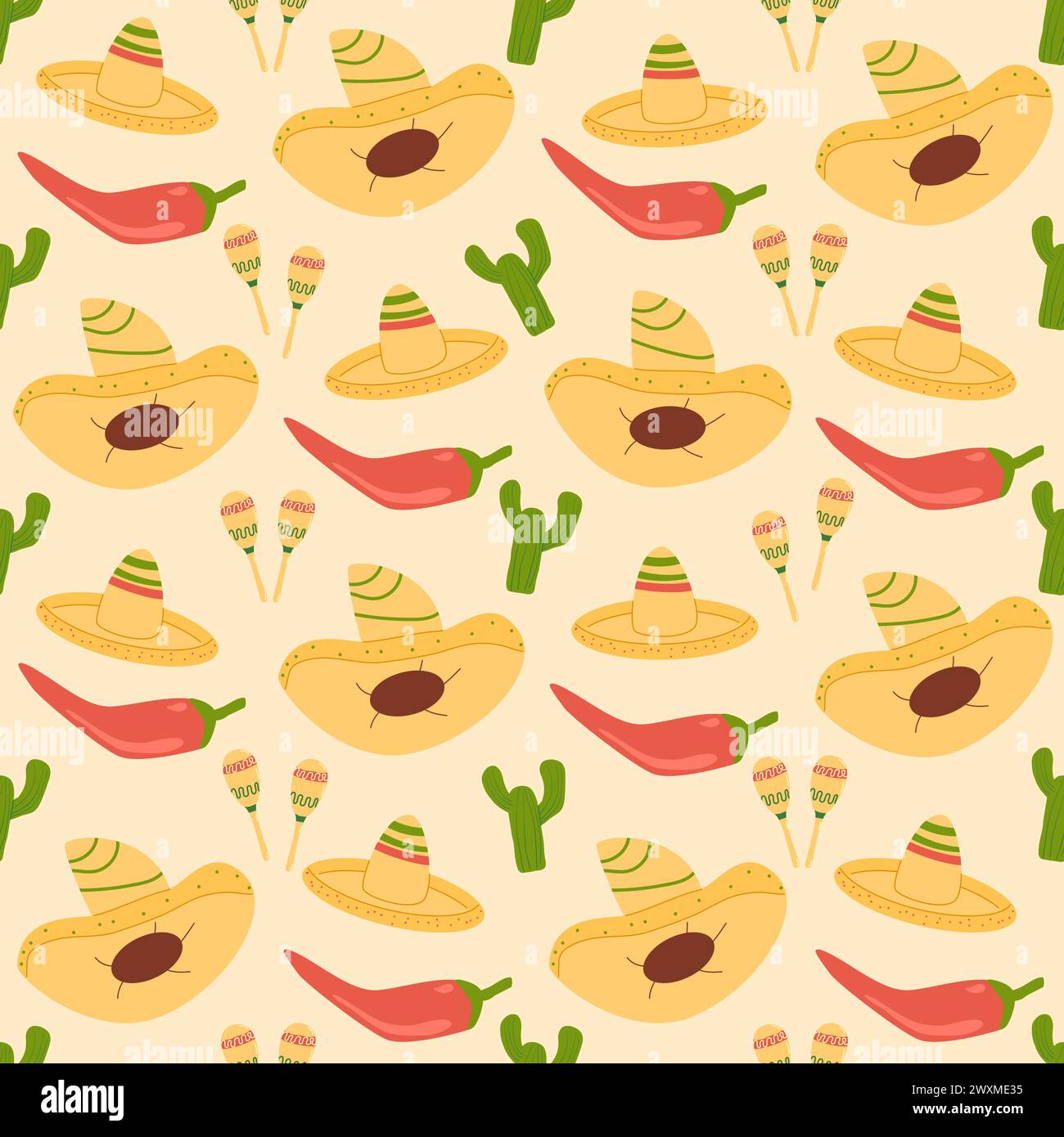 Mexican seamless pattern. Cactus and sombrero repeat background. Hats ...