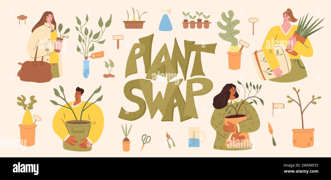 Plant swap. People exchange houseplant and gardening together set. Eco ...