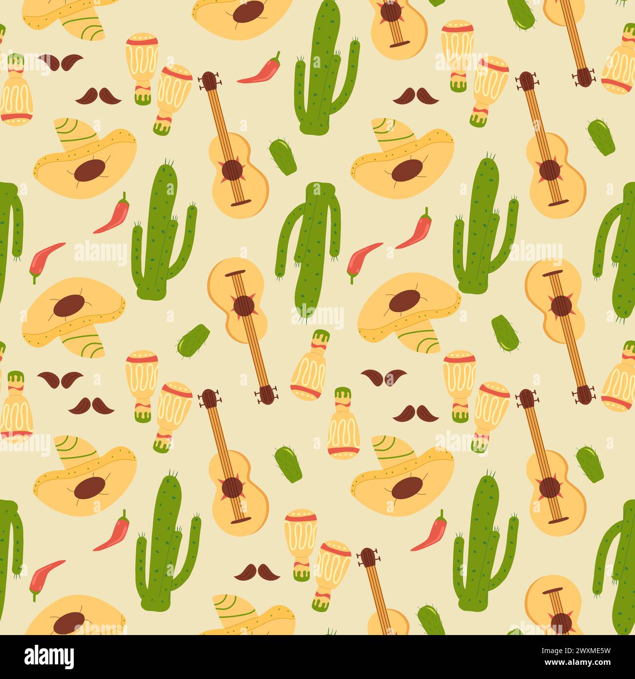 Mexican seamless pattern. Cactus and sombrero repeat background. Hats ...