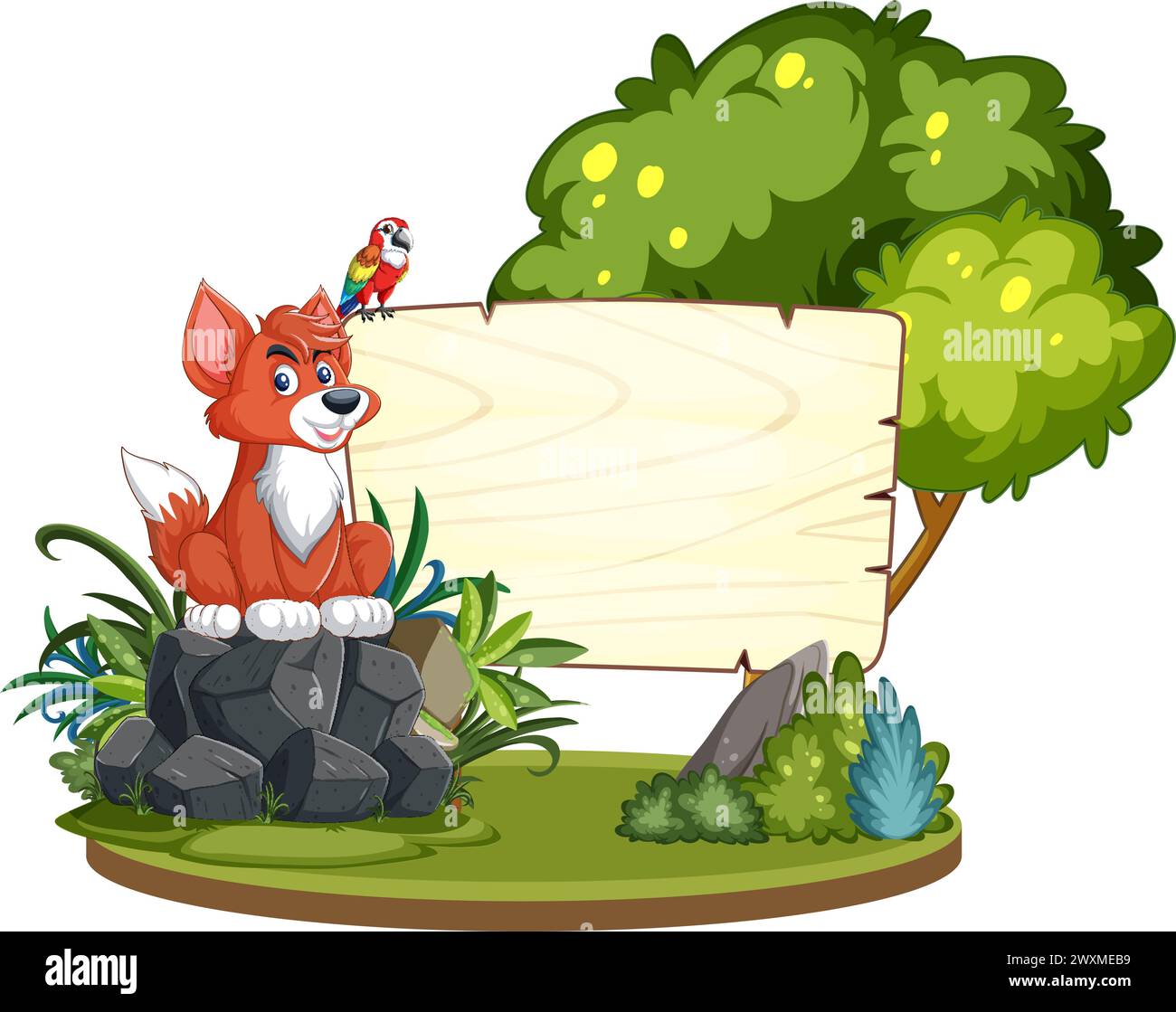 Cartoon fox and bird beside an empty wooden sign Stock Vector Image ...