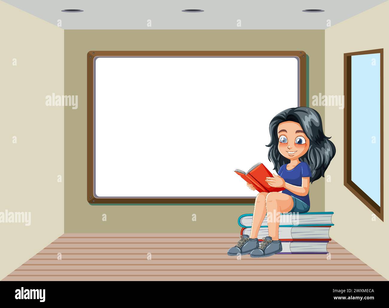 Cartoon girl reading book beside empty whiteboard Stock Vector Image ...