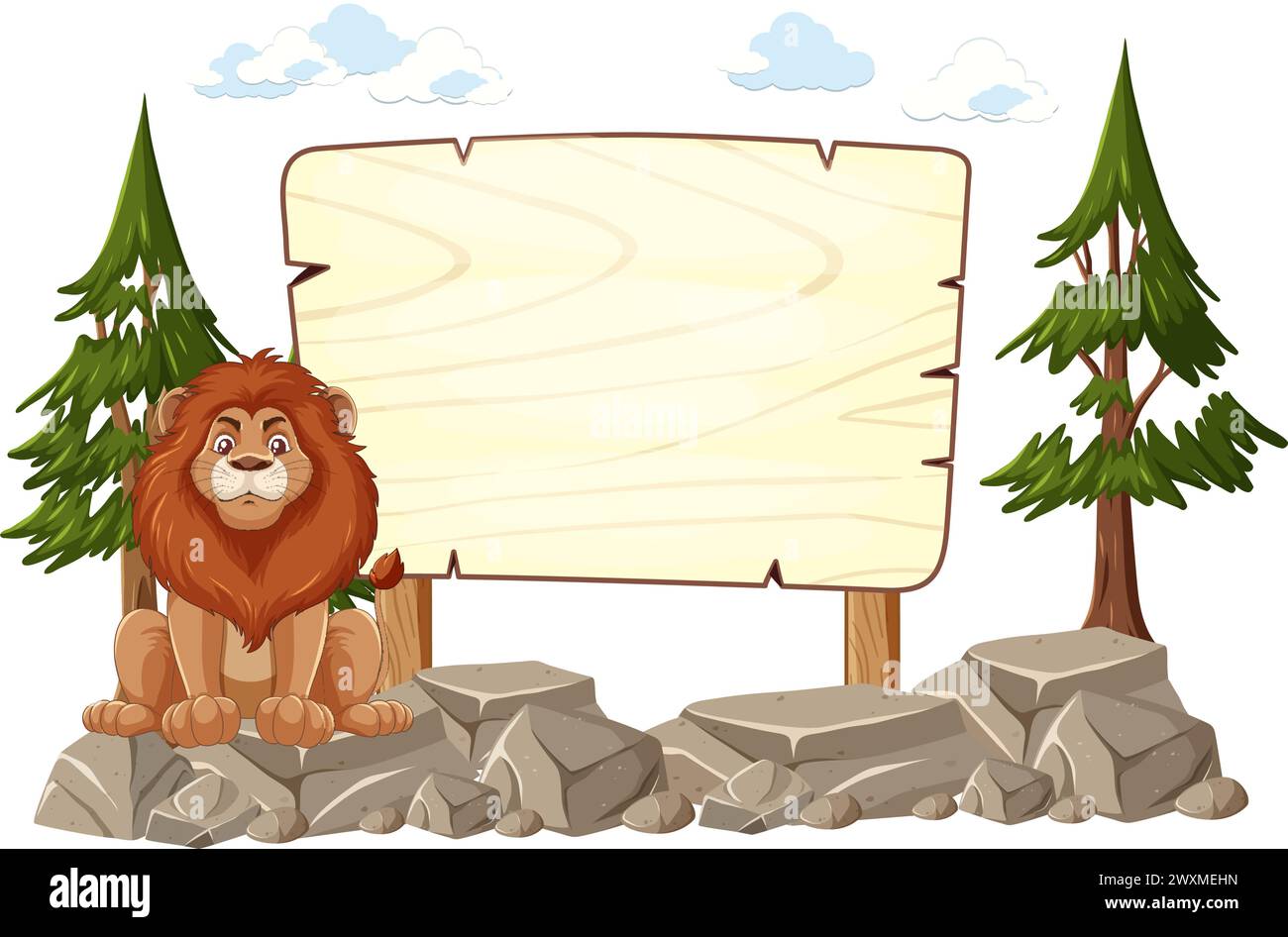 Cartoon lion beside a sign in a forest setting Stock Vector Image & Art ...