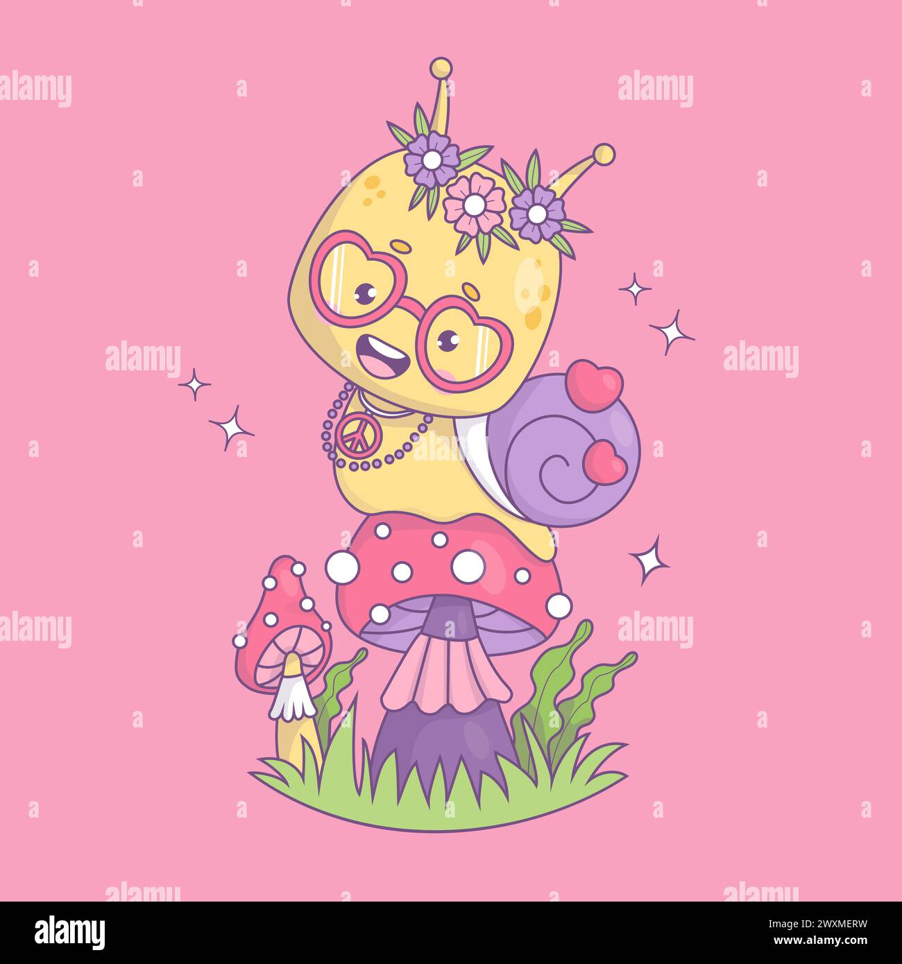 Funny groovy character snail hippy. Comic insect kawaii on power ...