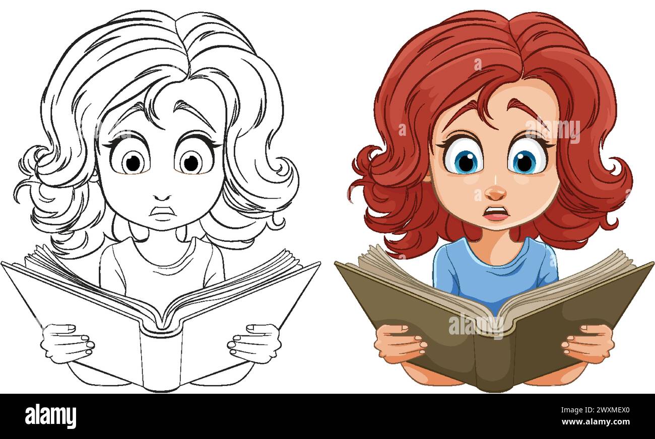 Colorful and line art illustrations of a startled girl Stock Vector ...
