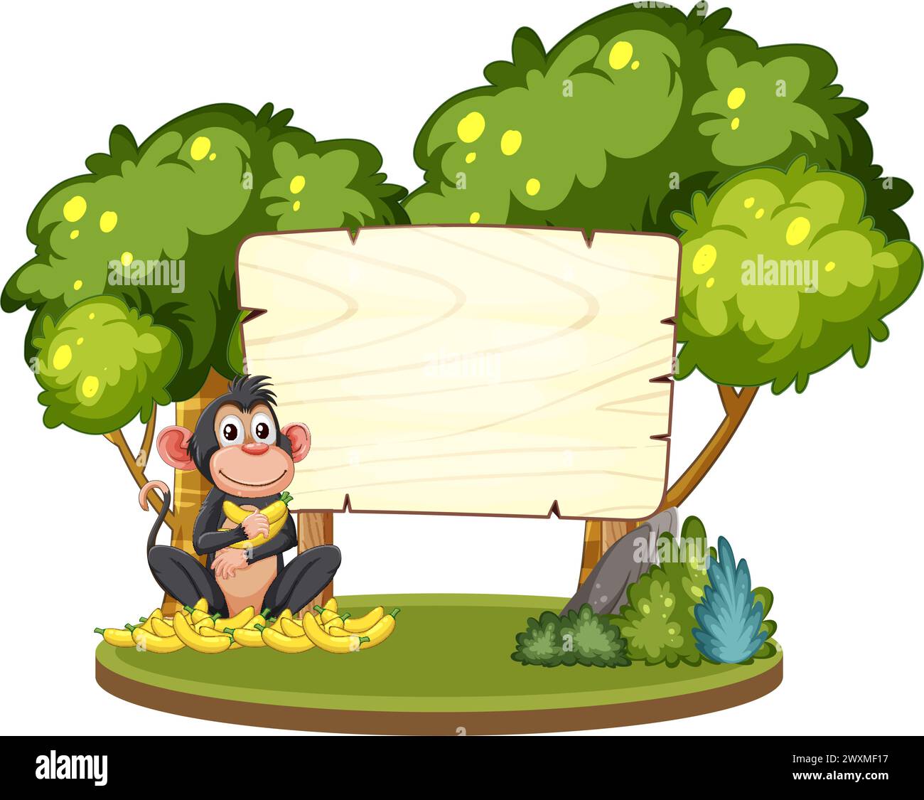 Happy monkey sitting by a wooden sign among trees Stock Vector Image ...