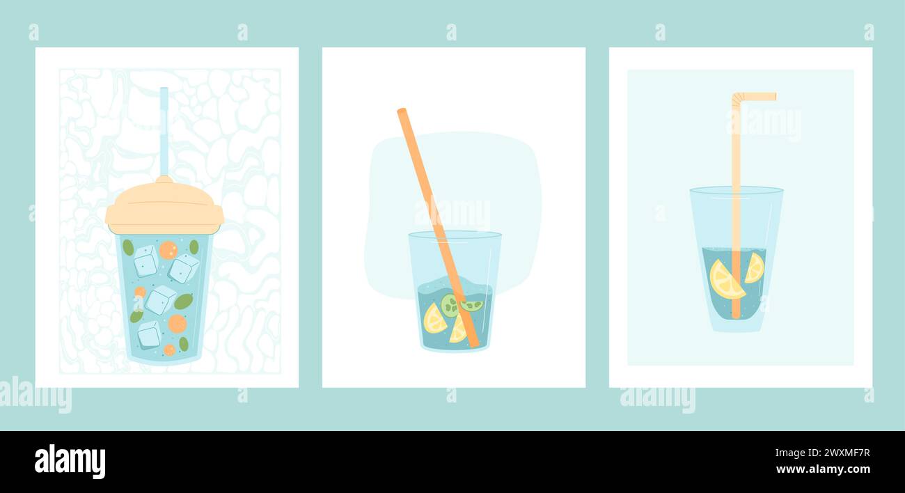 Drink more water card set. Glass of soft beverages banner collection ...