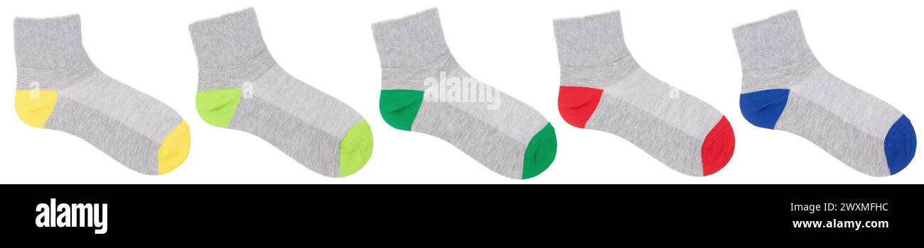 Collection of gray sports ankle socks with colorful heel and toe design ...