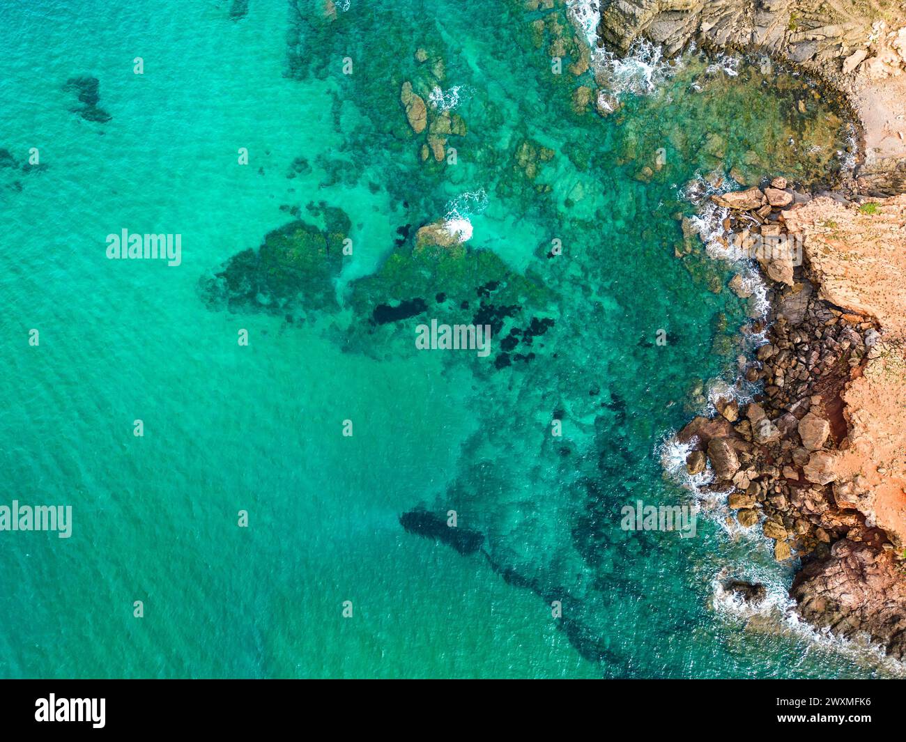 Aerial drone view of Cala del Pilar beach scenery on north cost of ...