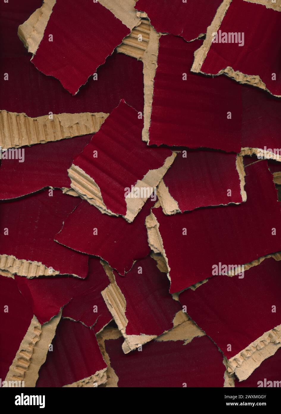 Texture from pieces of torn colored cardboard. Red brown carton ...