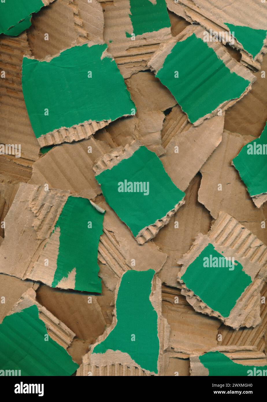 Texture from pieces of torn colored cardboard. Green brown carton ...