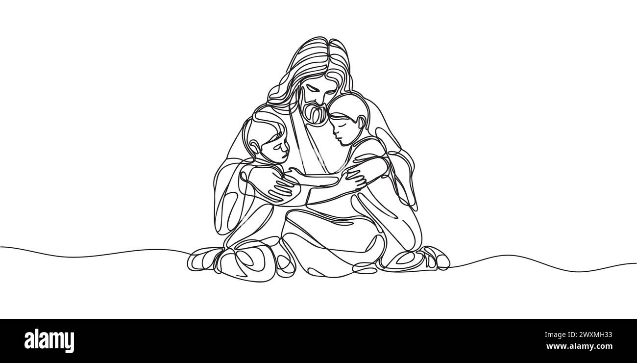 continuous one line drawing of Jesus Christ hugging a child. Vector ...