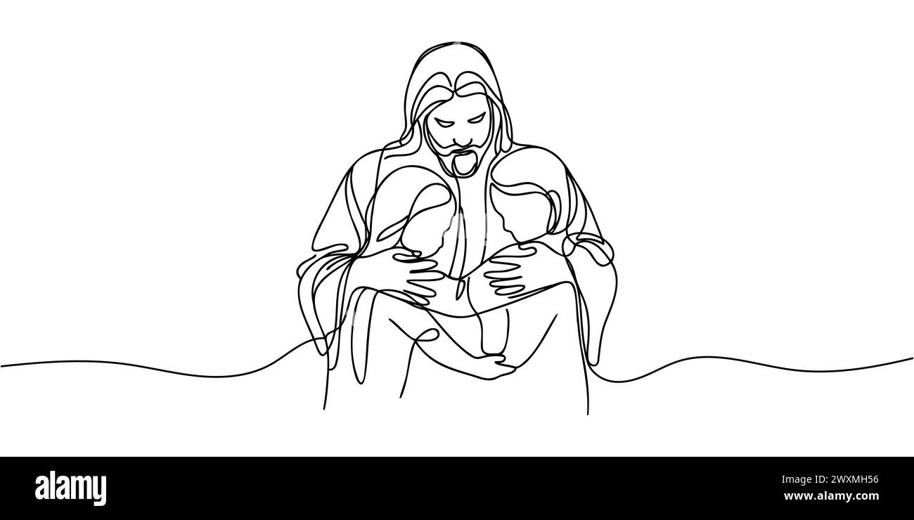 continuous one line drawing of Jesus Christ hugging a child. Vector illustration Stock Vector ...