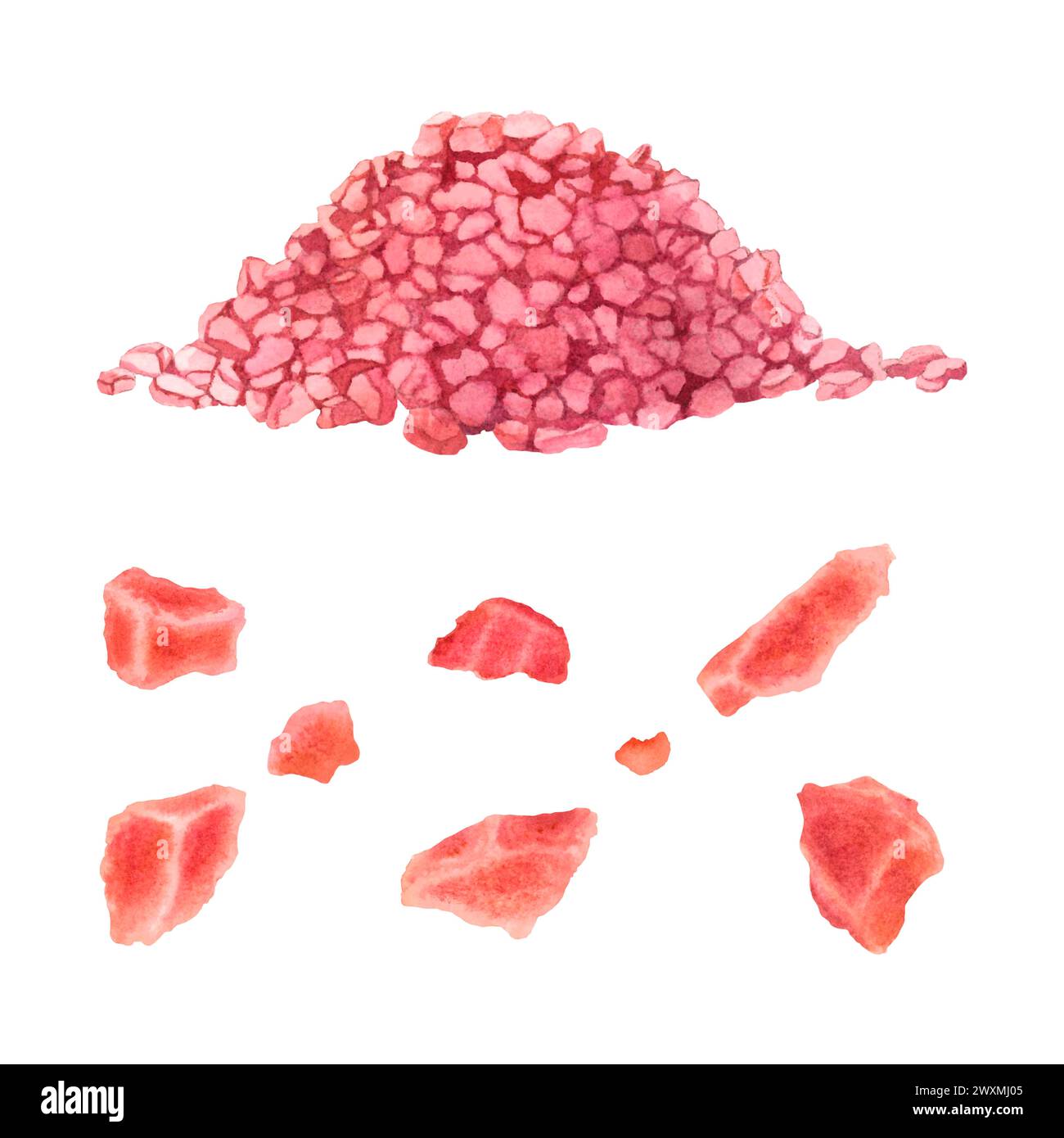 Pink Himalayan coarse salt. A scattering of crystals of salt. Hand ...