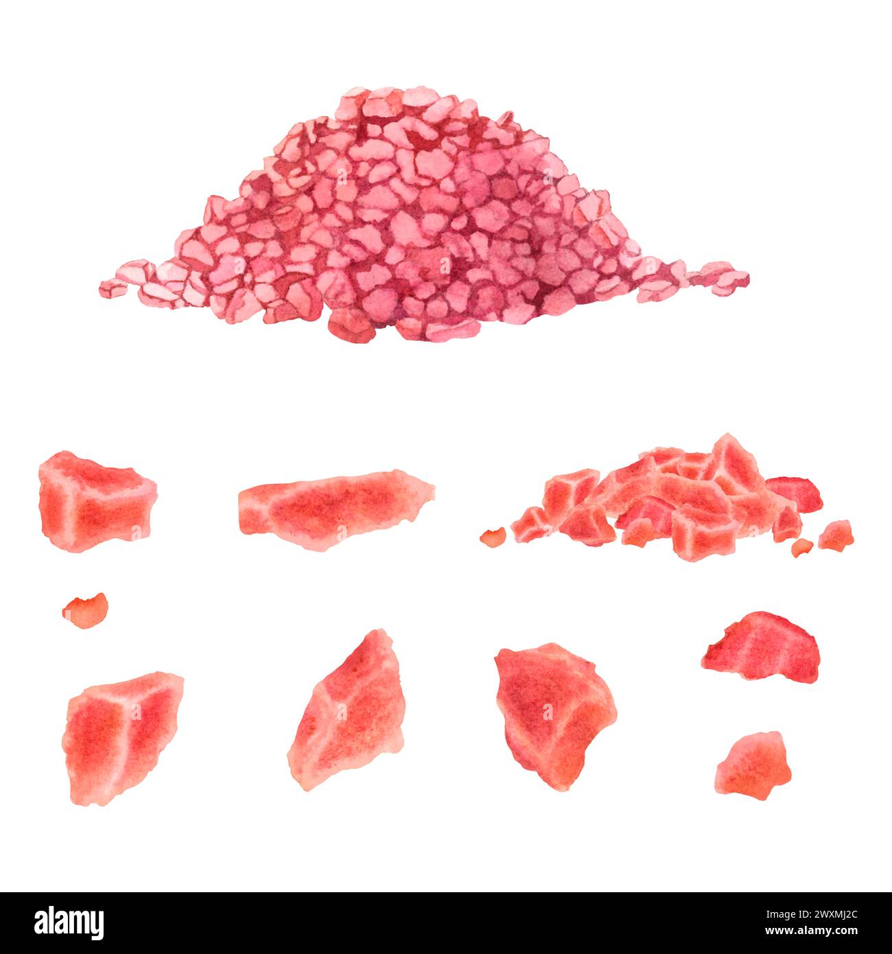 Pink Himalayan coarse salt. A scattering of crystals of salt. Hand ...