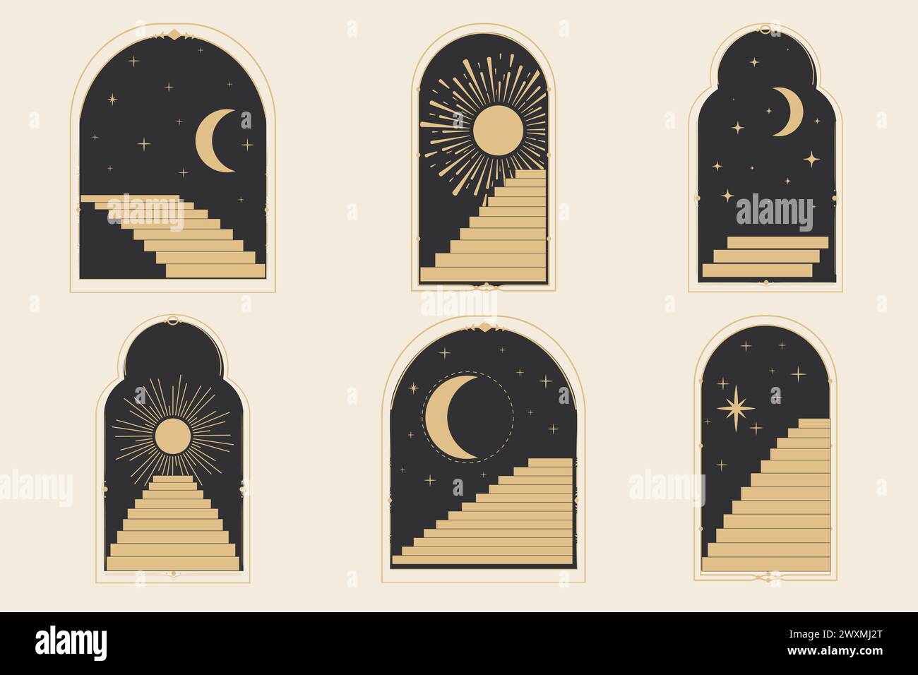 Set arch window line frame celestial, mystic with staircase, astrology symbols moon and sun ...