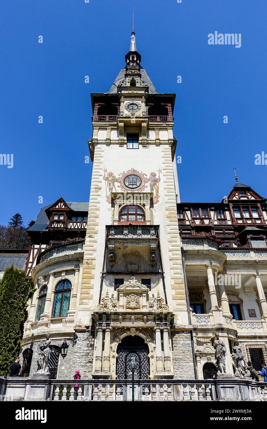 Grand historic Castelul Peleș with ornate towers and detailed ...