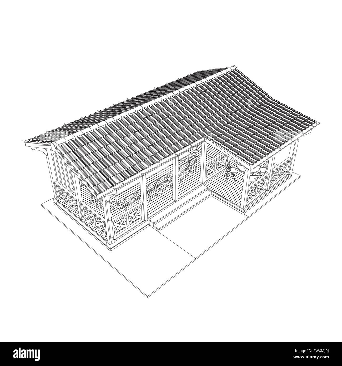 Gazebo outline. Black contour linear silhouette. Isometric view ...