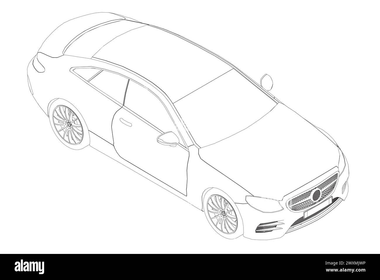 Outline of a two door modern car made of black lines isolated on a white background. Isometric ...