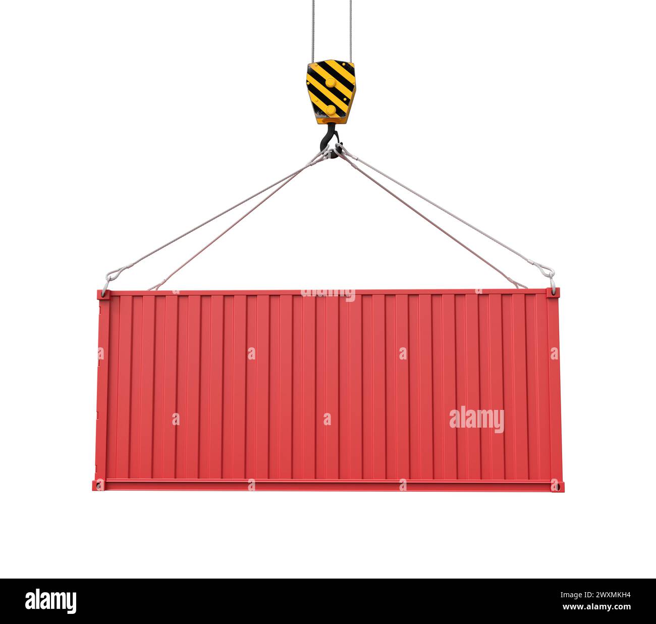 3d rendering of closed red cargo container suspended from crane ...