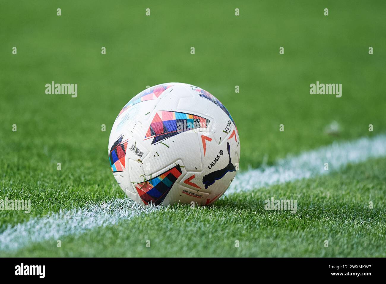 A detail view of the official match ball of the LaLiga EA Sports match ...