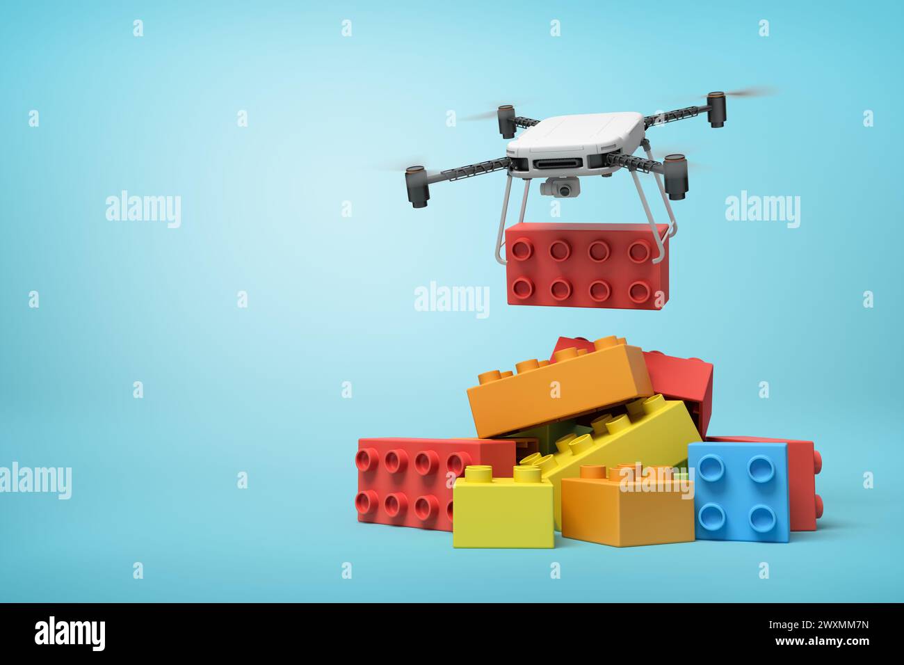 3d rendering of quadcopter delivering huge red toy block and putting it ...