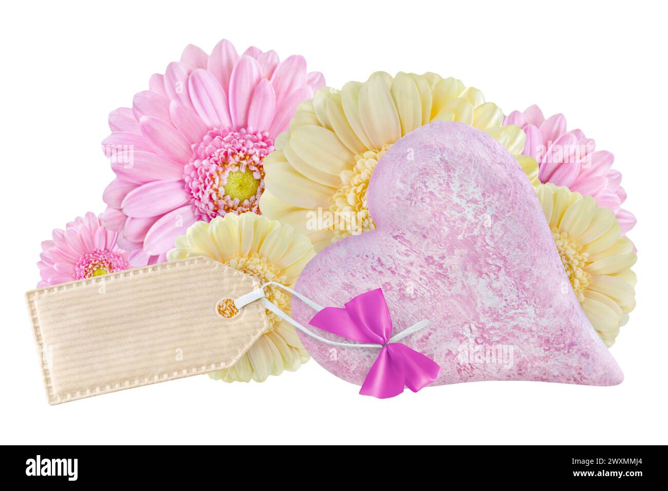 Decoration pink love heart with Gerbera flowers and label isolated on ...