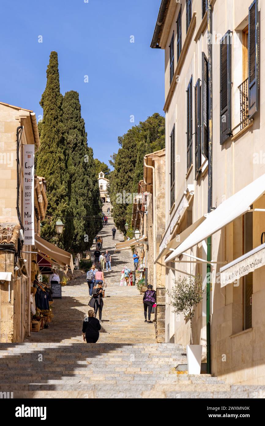 The 365 Calvary steps to reach the Calvary Church in Pollenca, Mallorca ...