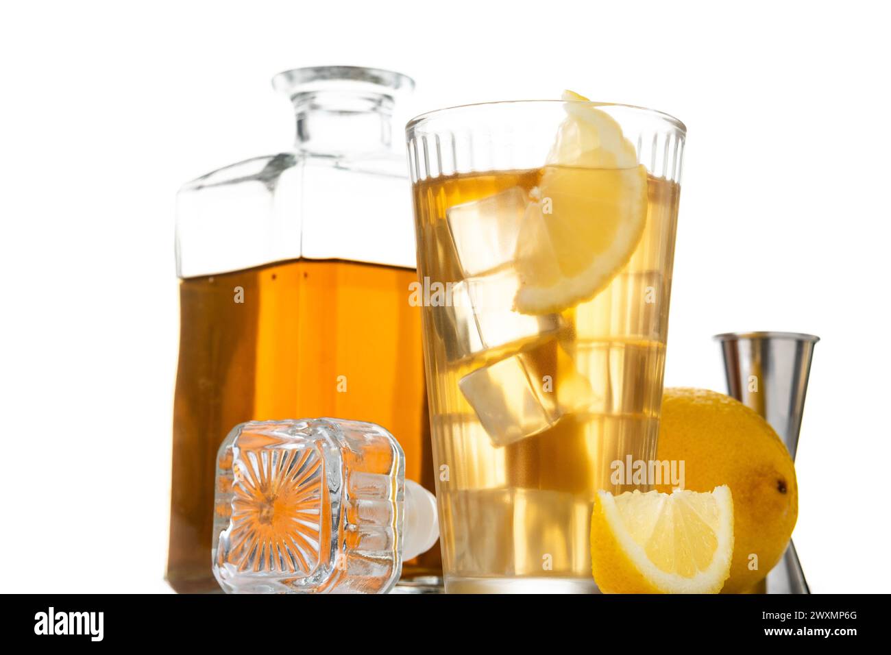 Highball, Whiskey with soda and lemon beverage isolated on white ...