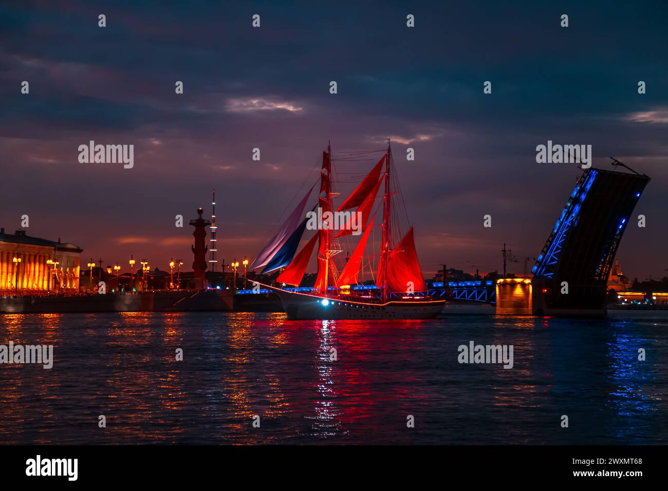 Brig with scarlet sails near the open Palace Bridge. White Night. St. Petersburg, Russia – June ...